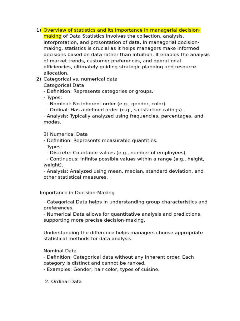 Overview of statistics and its importance in managerial decision | PDF