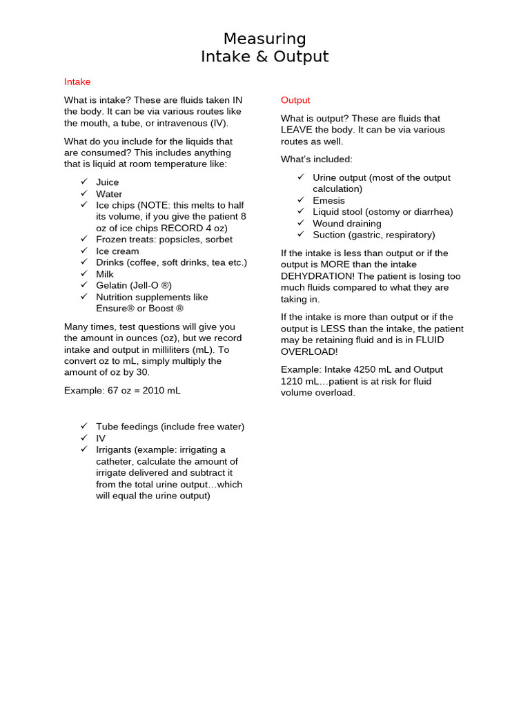 Notes for Measuring Intake and Output | PDF