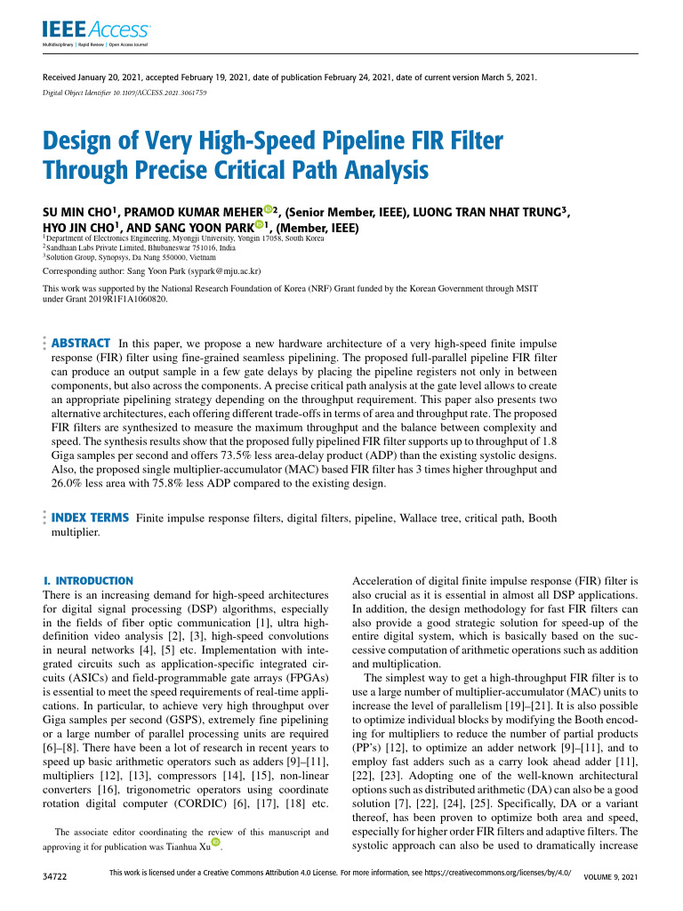 Design of Very High-Speed Pipeline FIR Filter Through Precise Critical Path Analysis | PDF
