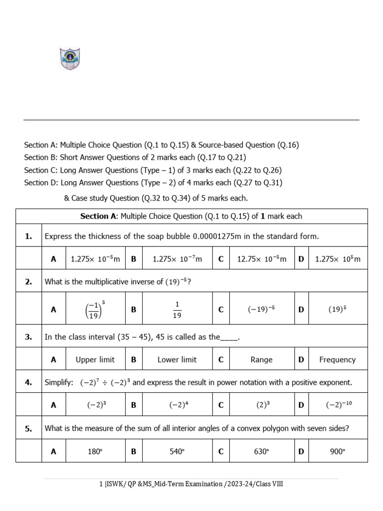 5379663-CL8 - Math - Marking Scheme - Midterm - 2023-24 | PDF