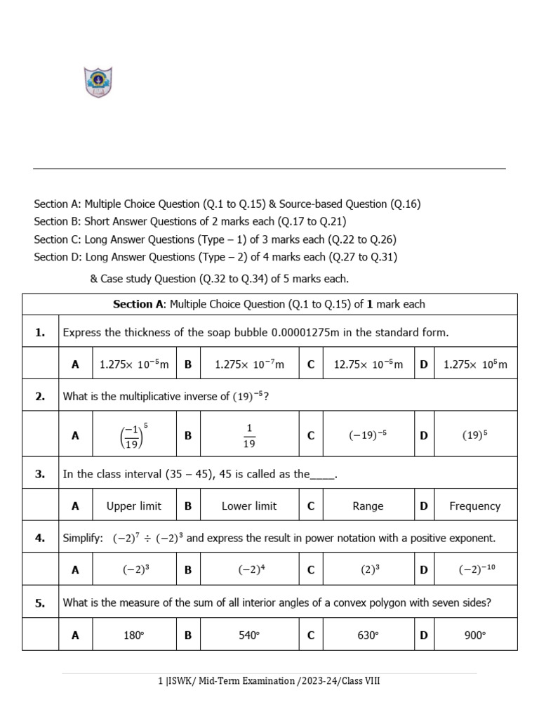 4328132-CL8 QP Midterm Math 2023-24 | PDF