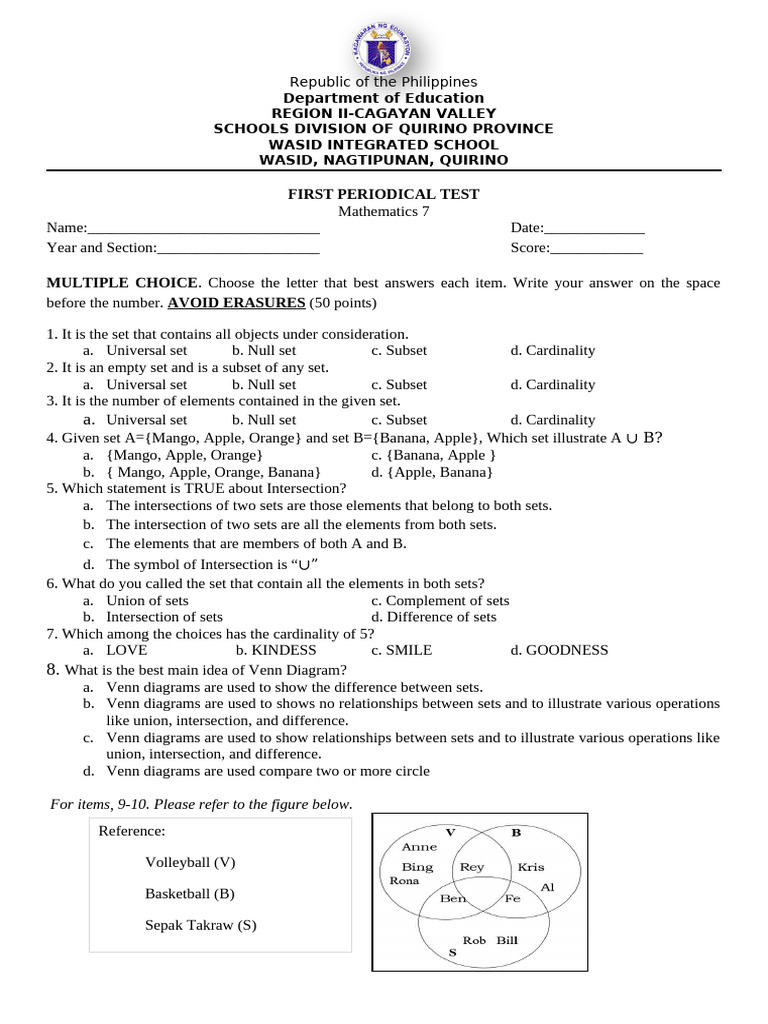 1ST QUARTER EXAM Math-7 | PDF