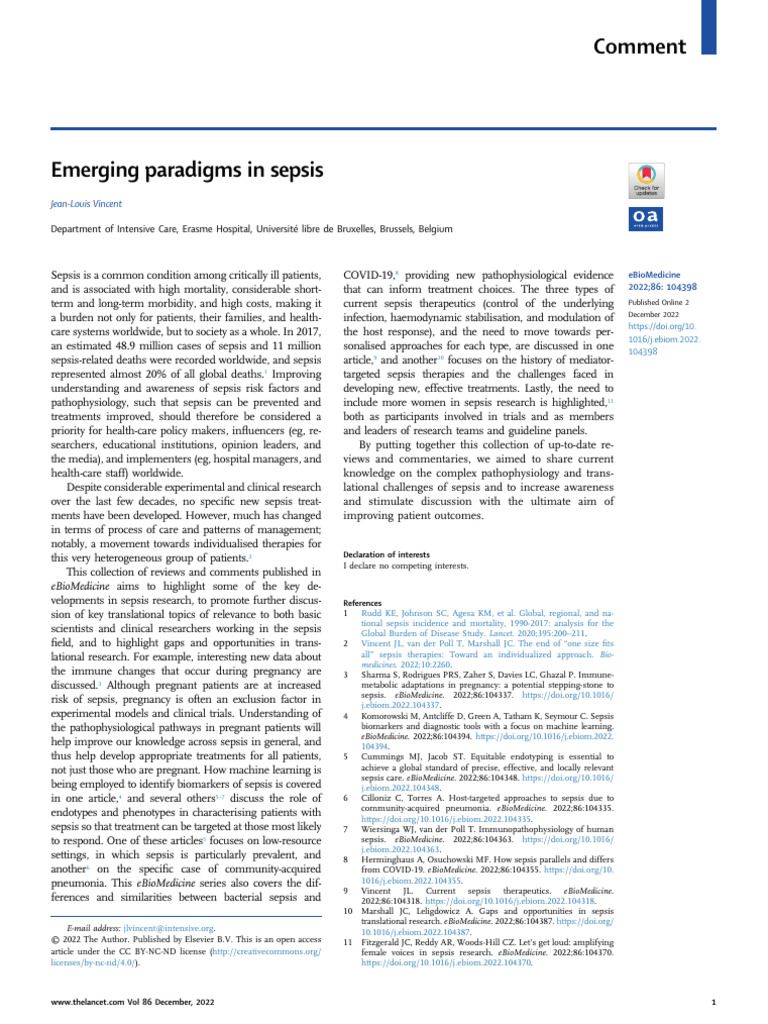 Emerging Paradigms in Sepsis - 2022 - eBioMedicine | PDF | Sepsis ... Emerging Paradigms in Sepsis - 2022 - eBioMedicine | PDF | Sepsis ...