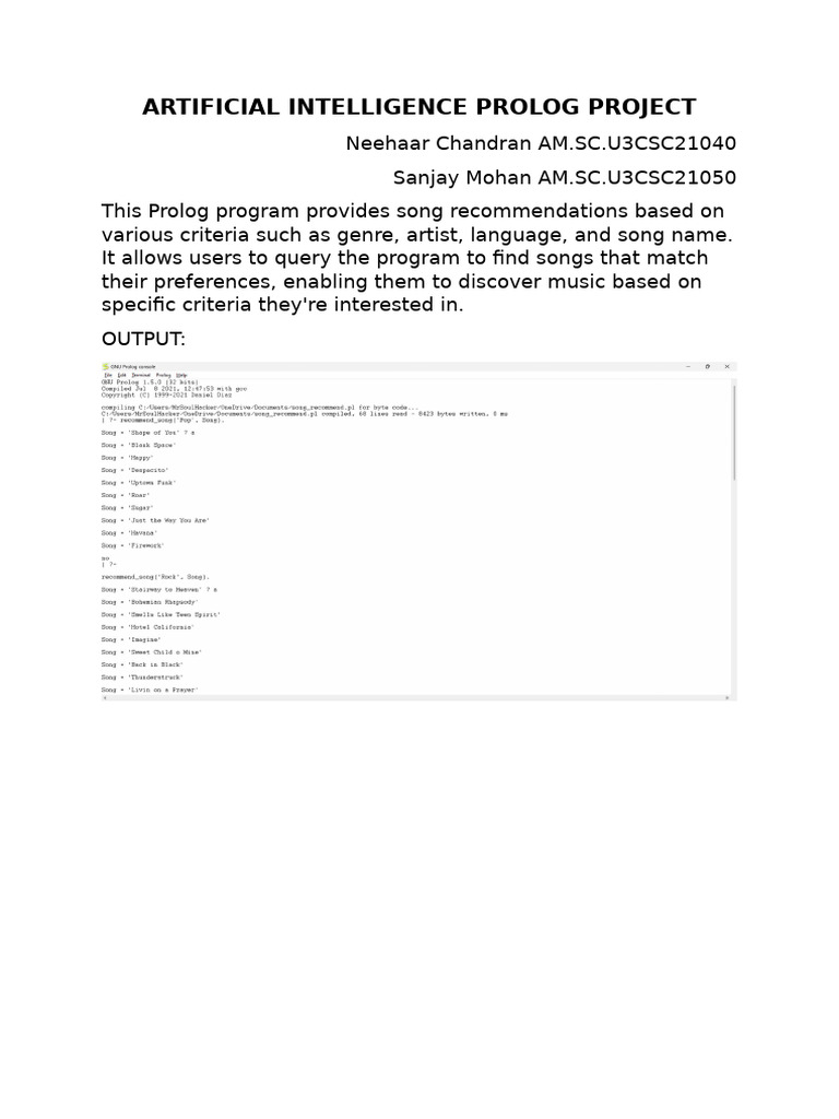 ARTIFICIAL INTELLIGENCE PROLOG PROJECT (Output) | PDF