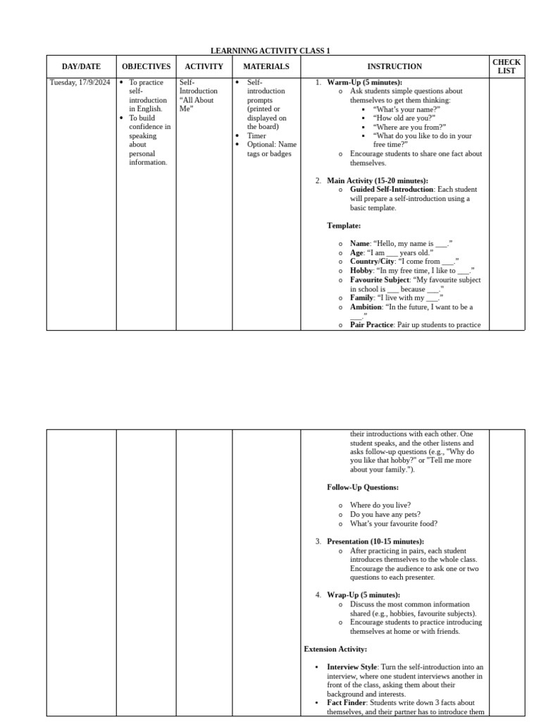 Learninng Activity Class 1 | PDF