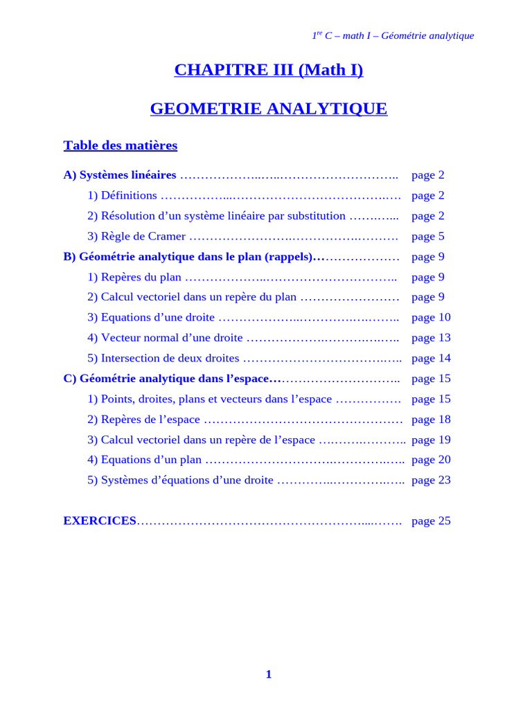 1C Geometrie Analytique | PDF