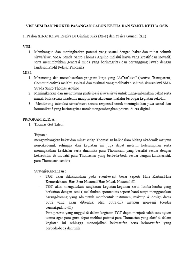 Visi Misi Dan Proker Paslon Ketua Dan Wakil Ketua Osis | PDF