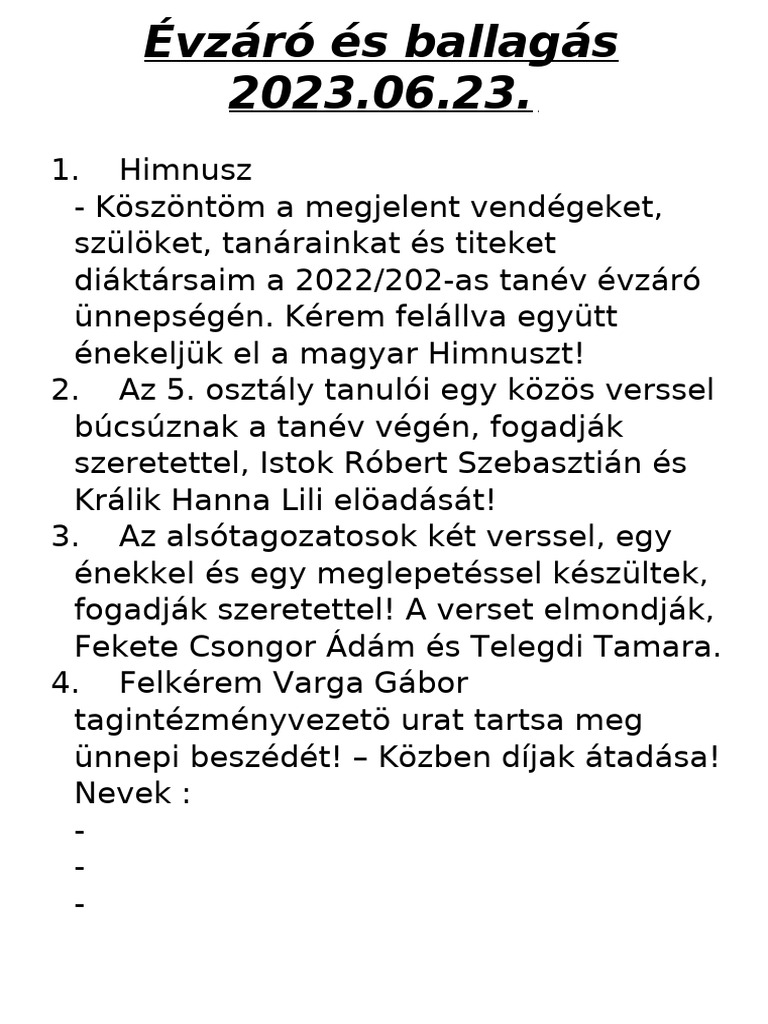 Évzáró És Ballagás 2023 | PDF