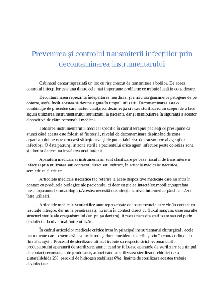 Prevenirea Și Controlul Transmiterii Infecțiilor Prin Decontaminarea Instrumentarului | PDF