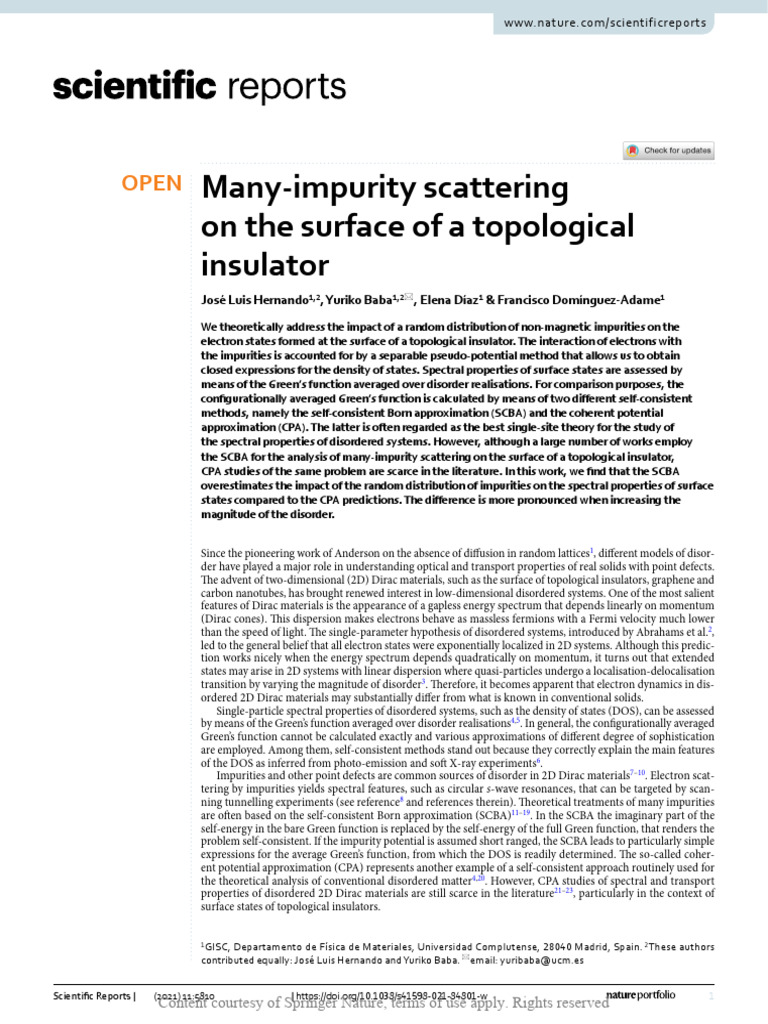Many-Impurity Scattering On The Surface of A Topol | PDF