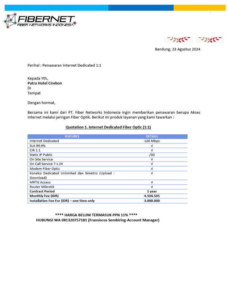 Penawaran Fibernet to Patra Cirebon | PDF