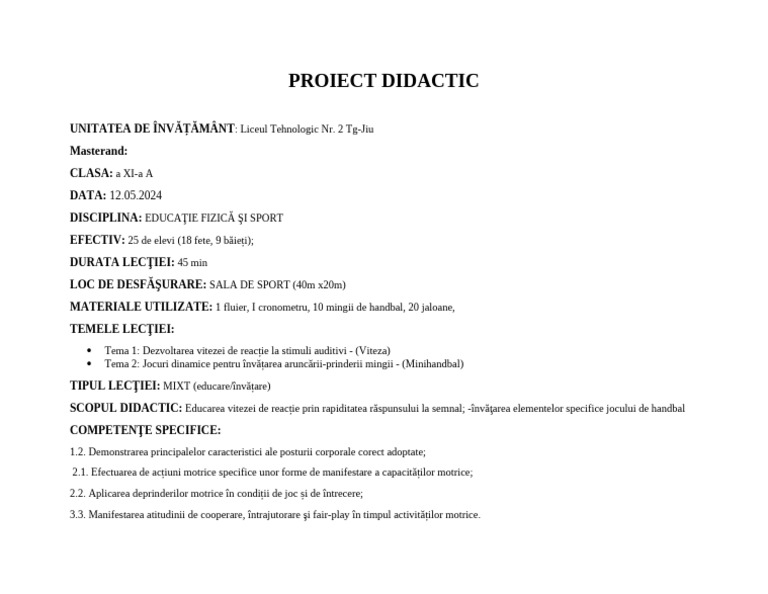 Proiect Didactic Ora Educatie Fizica | PDF