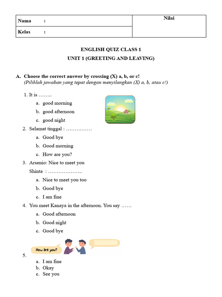 Kelas 1 - Quiz Unit 1 - 1 | PDF