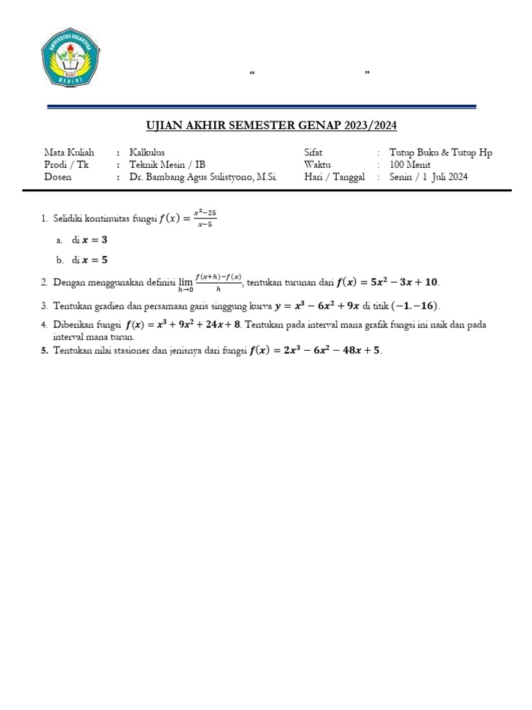UAS GENAP 2023-2024 Kalkulus Tk.1B | PDF