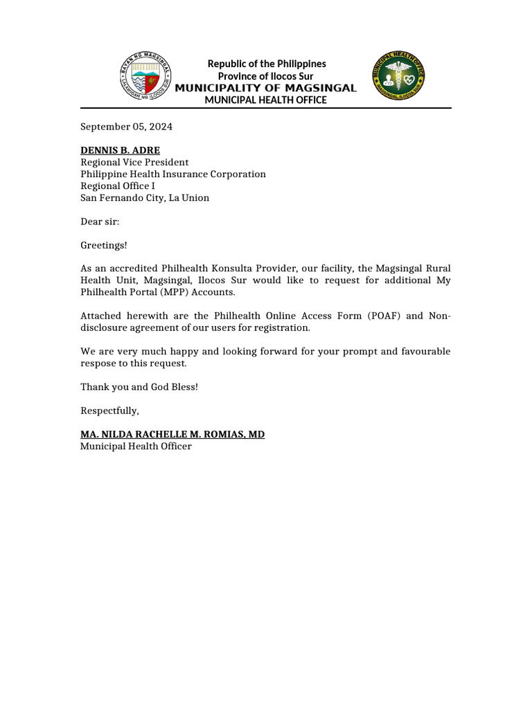 Letter to Philhealth for Mpp Account Request | PDF