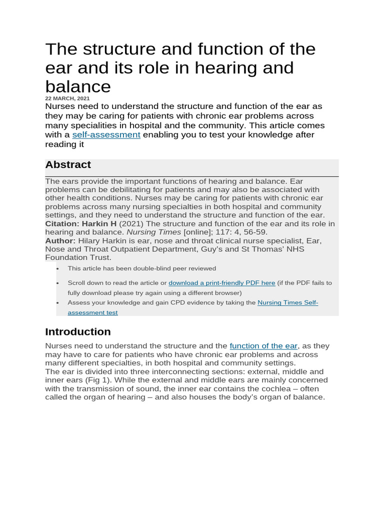 The Structure and Function of The Ear and Its Role in Hearing and ...
