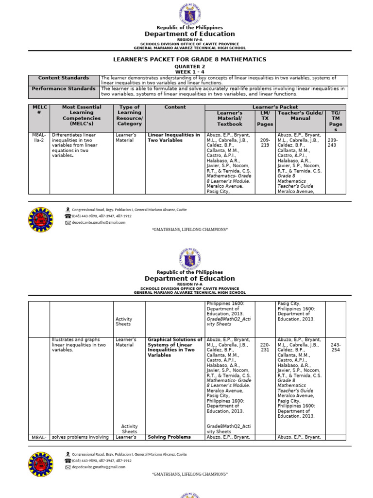 Grade 8 Math Q2 - Learner's Packets | PDF