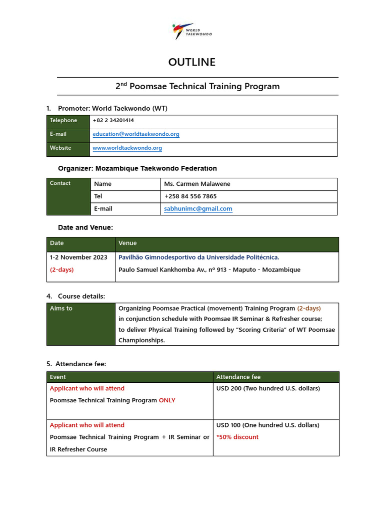 OUTLINE - POOMSAE Technical Training Program (MOZ) | PDF