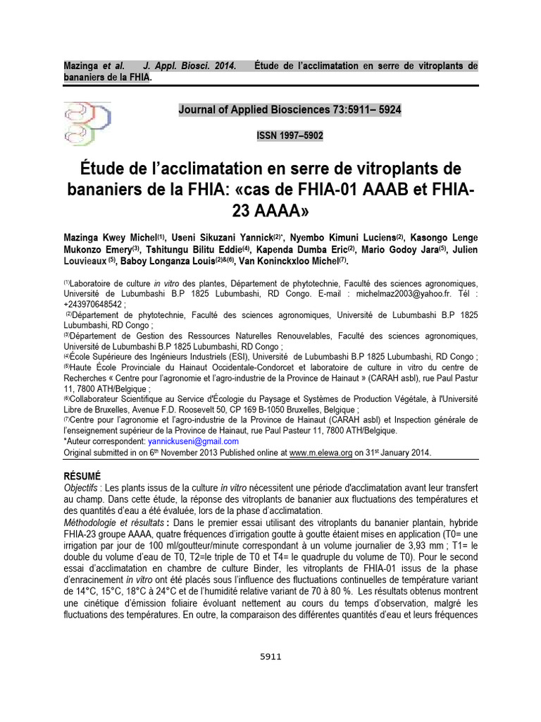 Étude de L'acclimatation en Serre de Vitroplants de Bananiers de La FHIA: Cas de FHIA-01 AAAB Et ...