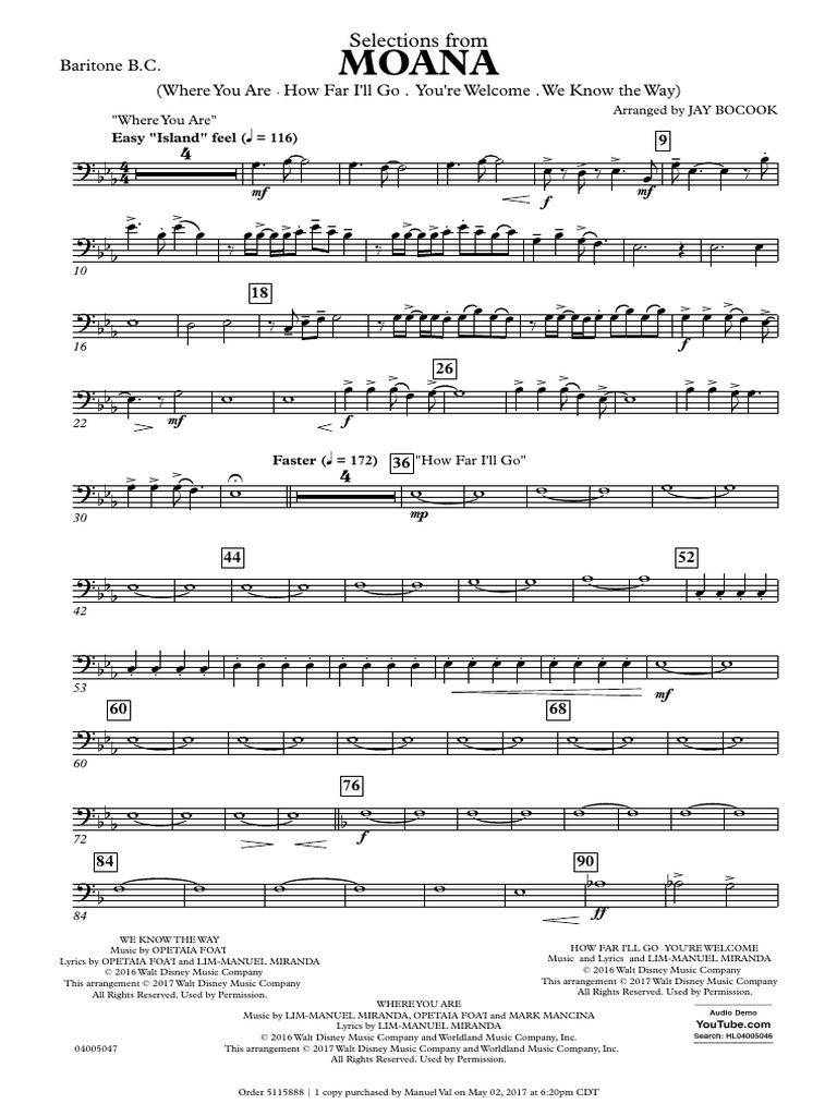 Selections From Moana - Jay Bocook - Bariton B.C. (Format A4) | PDF