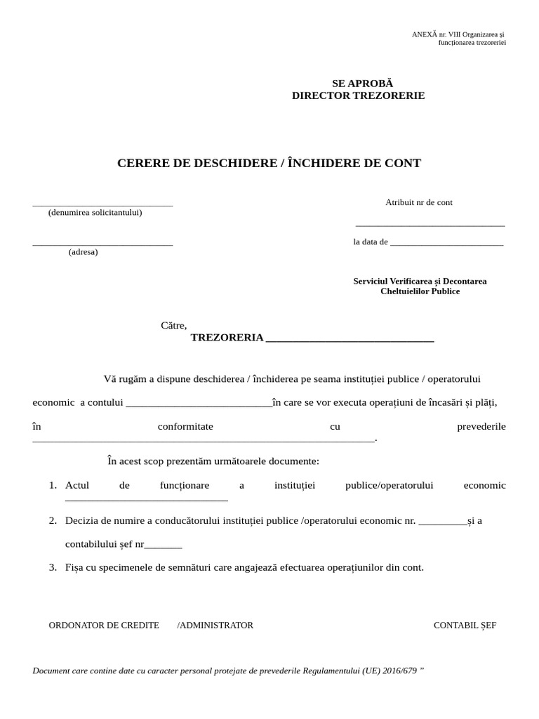 Cerere Deschidere Cont TREZORERIE | PDF