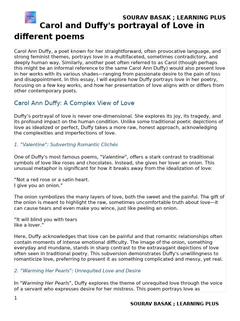Duffy's Complex Portrayal of Love | PDF | Love | Poetry