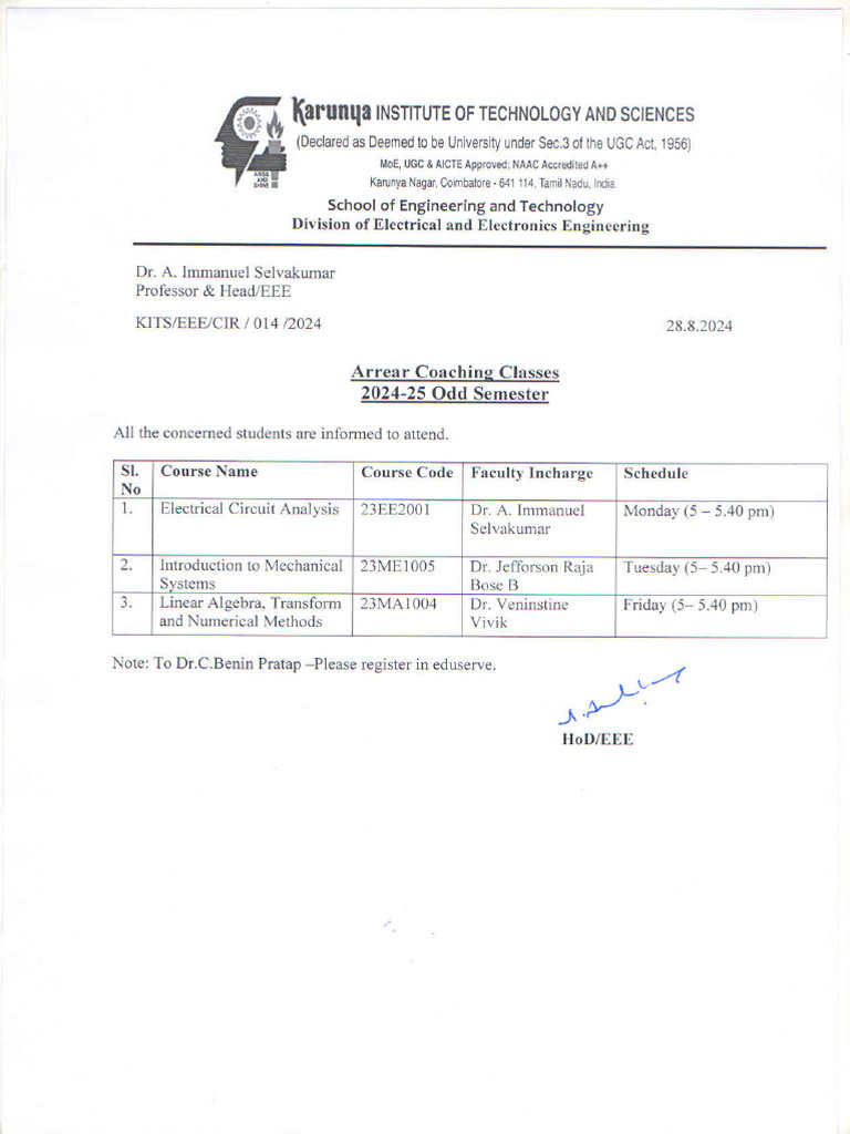 Arrear Coaching Class-Odd Sem 2024-25 | PDF