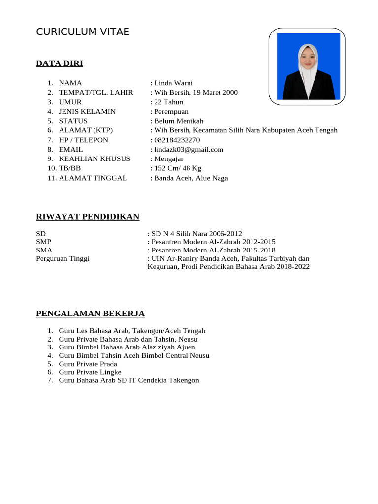 CV Linda Warni | PDF