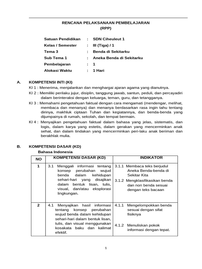 RPP K3 Tema 3 ST 1 | PDF