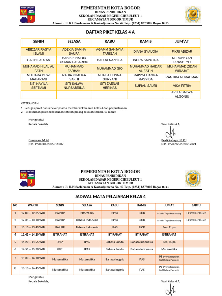 Daftar Piket & Jadwal Pel KLS 4 2024-2025 | PDF