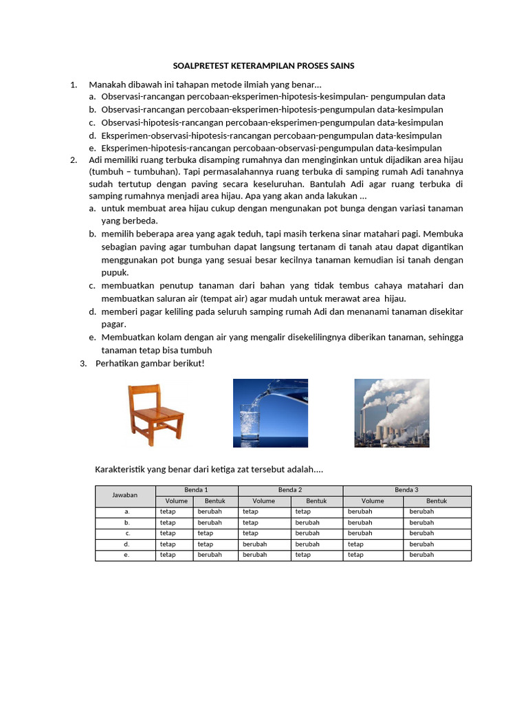 Soal Pretest Keterampilan Proses Sains | PDF | Science & Mathematics