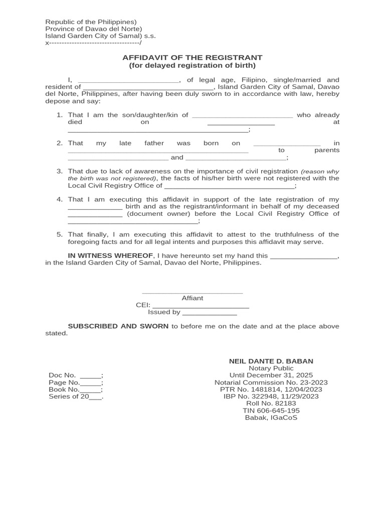 Affidavit for Delayed Birth Registration | PDF | Affidavit | Legal ...