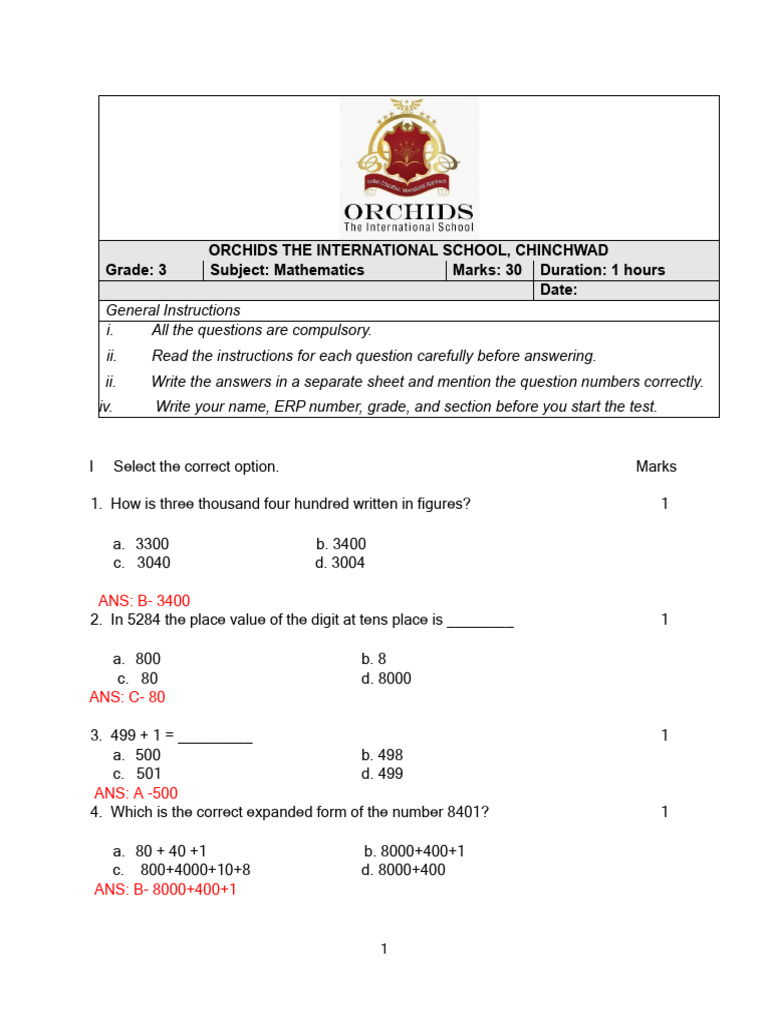 PRACTICE SHEET Answer Sheet MATHS GRADE 3 | PDF | Mathematics ...