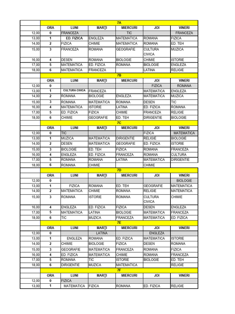 Orar Clasa A VII-a 2024-2025 | PDF