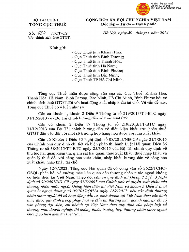 CV558 - Hoan Thue Doi Voi Hoat Dong XNK Tai Cho | PDF