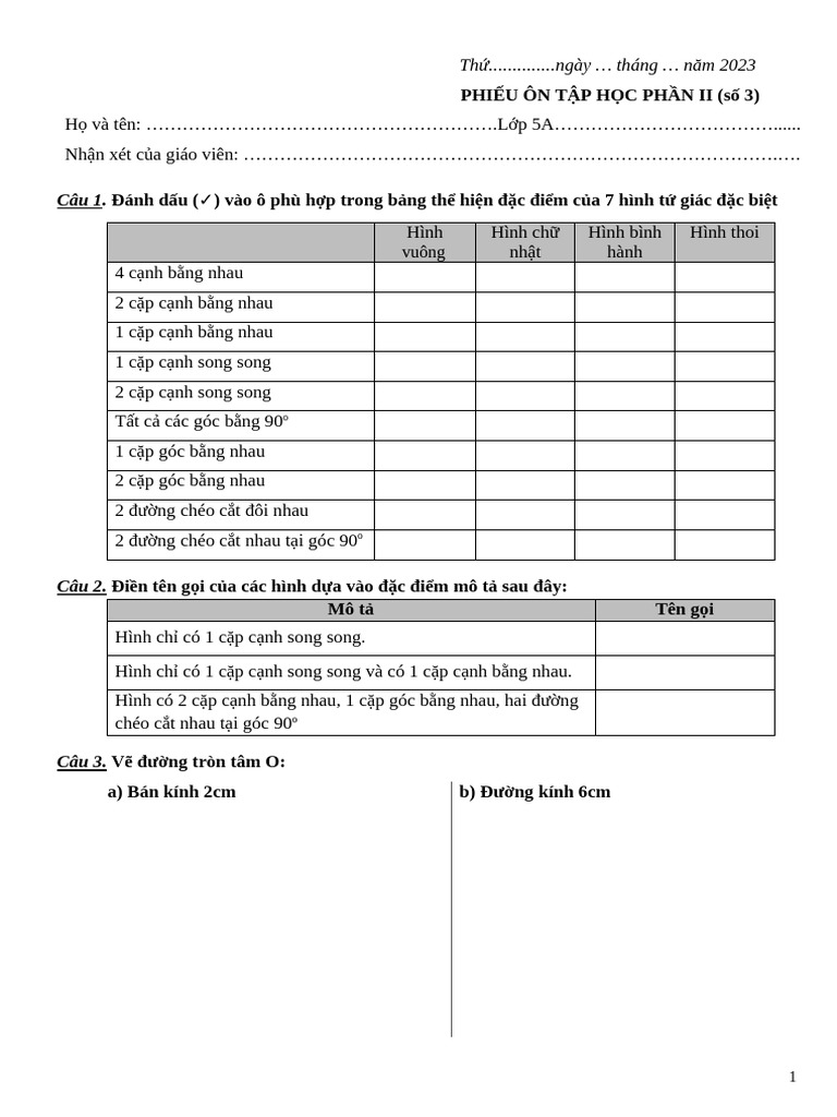 K5 - Phieu On Tap Hoc Phan 2 - Phieu So 3. | PDF