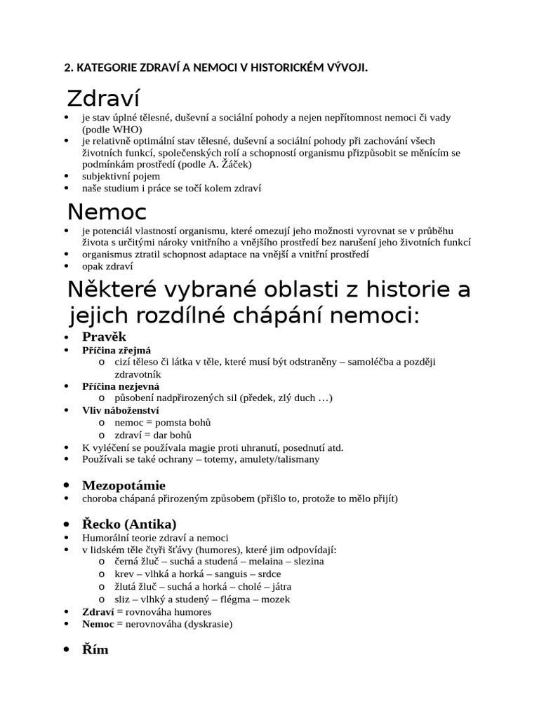 Zdraví: 2. Kategorie Zdraví A Nemoci V Historickém Vývoji | PDF