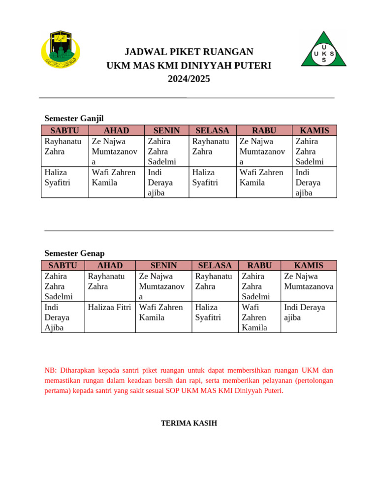 JADWAL PIKET RUANGAN new | PDF