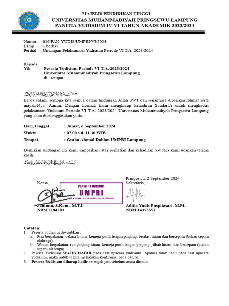 016 Surat Undangan Peserta Yudisium VI 2023 - 2024 | PDF