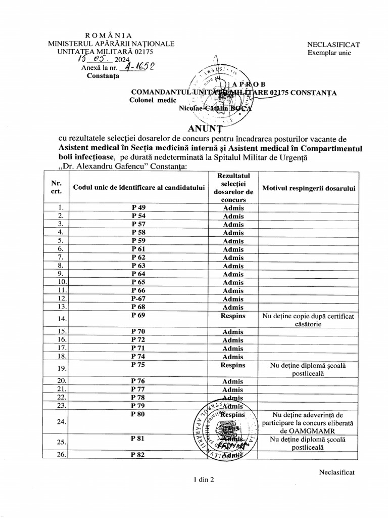 Selectie Dosare Concurs Asistent Medical Boli Infectioase Mai 2024 | PDF