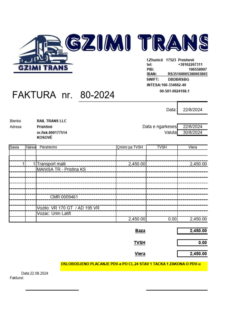 Faktura 80-2024 Rail Trans SHPK | PDF