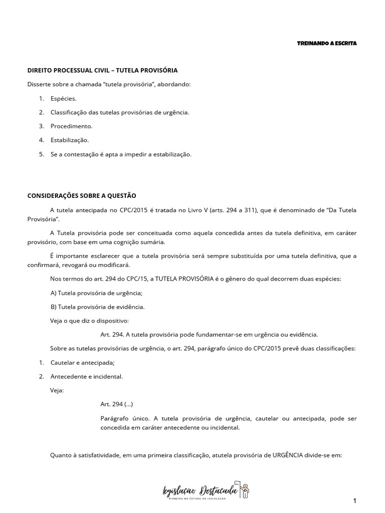 Treinando A Escrita Geral TRT MP DP Direito Processual Civil Tutela Proviso Ria | PDF