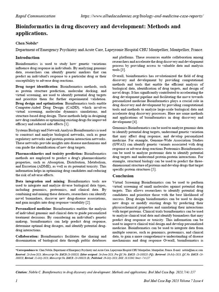 Bioinformatics In Drug Discovery And Development Methods And Applications Pdf