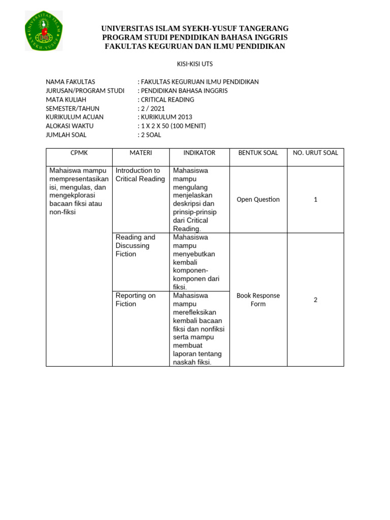 Kisi-Kisi Uts Critical Reading | PDF