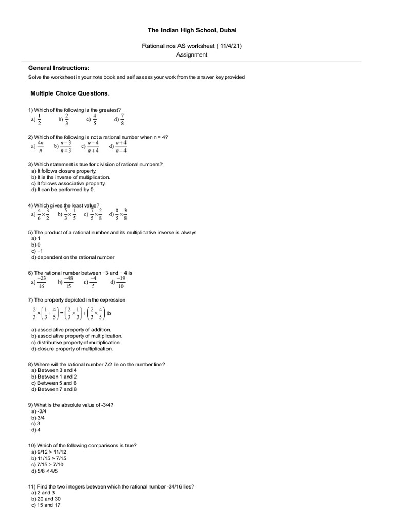 Rational Numbers AS Worksheet | PDF