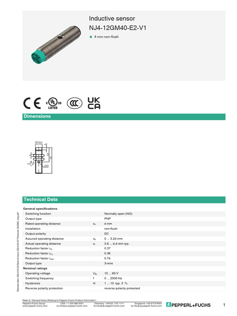 Inductive Sensor NJ4-12GM40-E2-V1: Dimensions | PDF