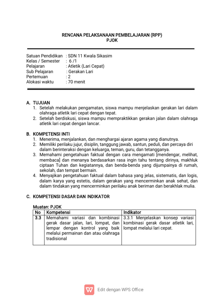 RPP PJOK Kelas 6 SMT 1 Tema 3 | PDF