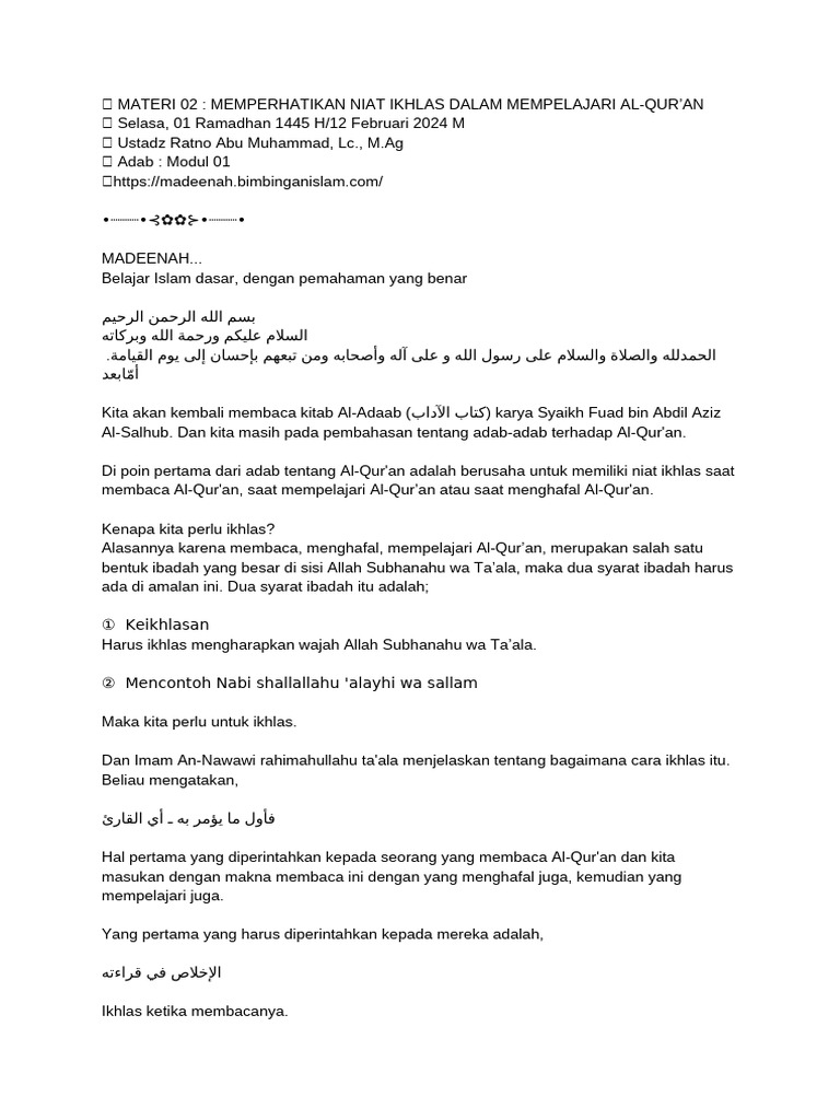 ? Materi 02 - Memperhatikan Niat Ikhlas Dalam Mempelajari Al-Qur'an | PDF