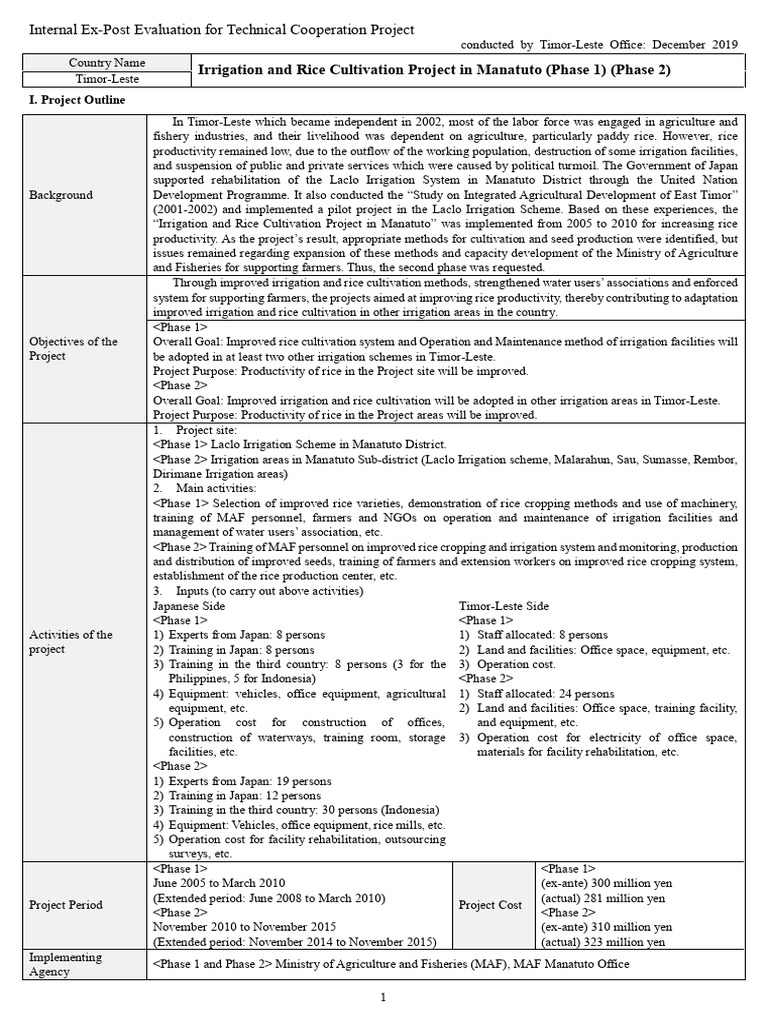 Irrigation and Rice Cultivation Project in Manatuto (Phase 1) (Phase 2) | PDF