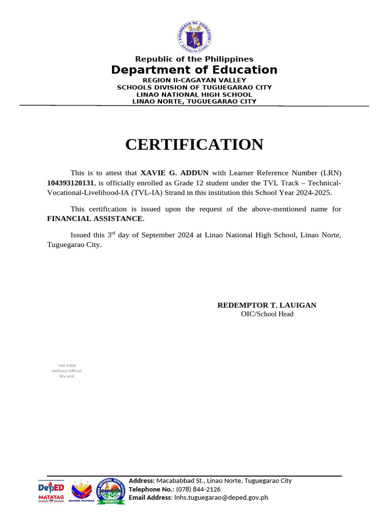 Certificate of Enrollment(Tvl-IA) | PDF